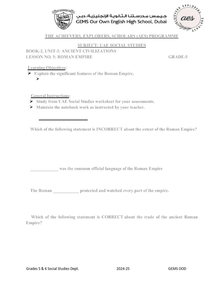 Book 2 Unit 3 Lesson 5 Roman Empire - Worksheet | PDF | Roman Empire | Road