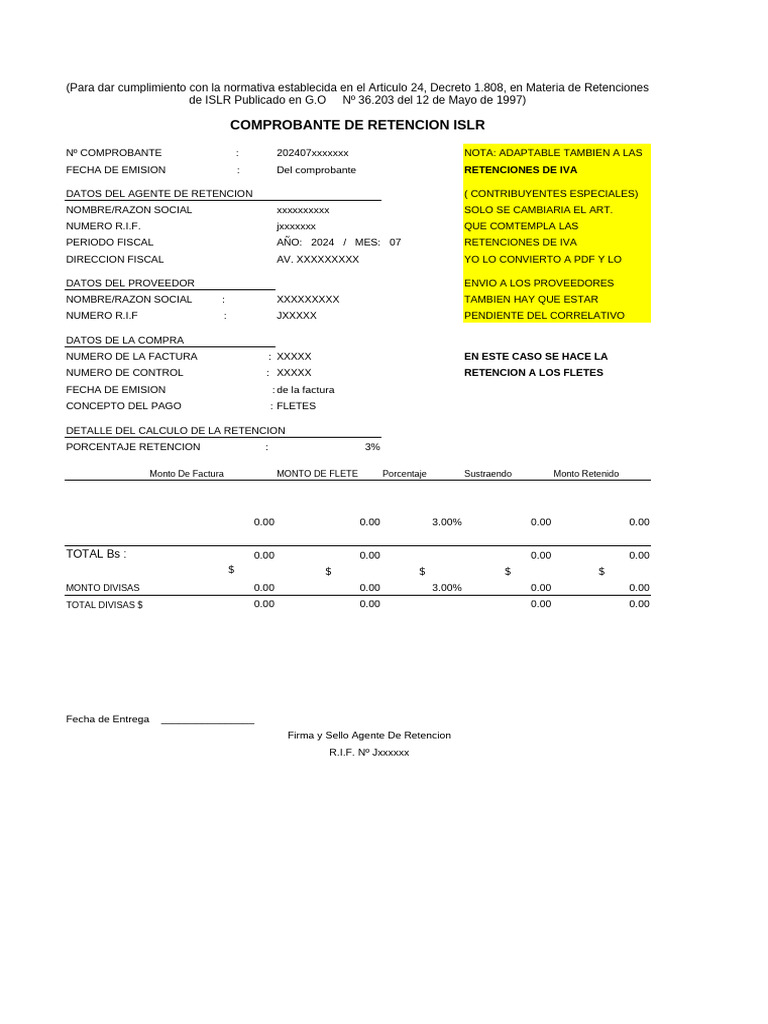 Formato Retencion ISLR | PDF | Factura | Documentos empresariales
