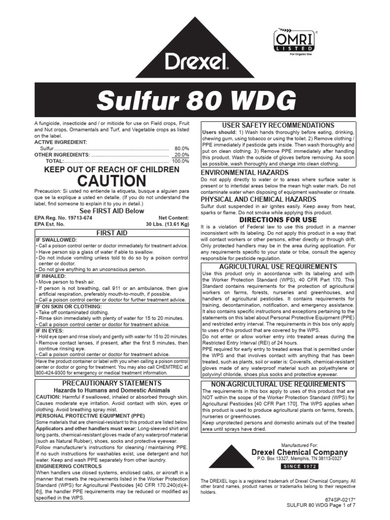 Drexel Sulfur 80 WDG Label | PDF | Irrigation | Pump
