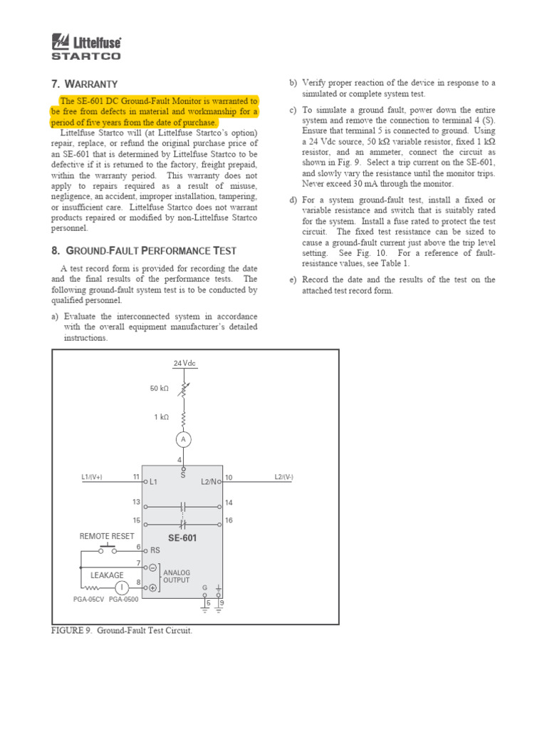 Littlefuse, SE-601 DC GRND Fault Monitor | PDF | Resistor | Electrical Network