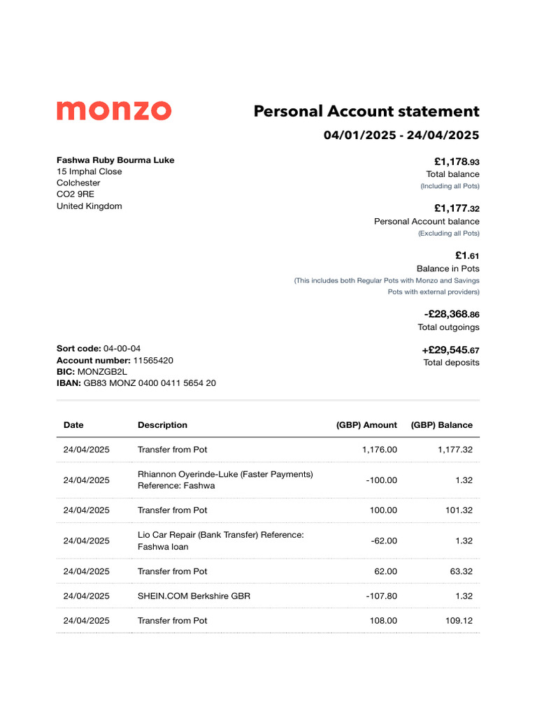 Monzo - Bank - Statement - 2025 01 04 2025 04 24 - 1079 | PDF ...