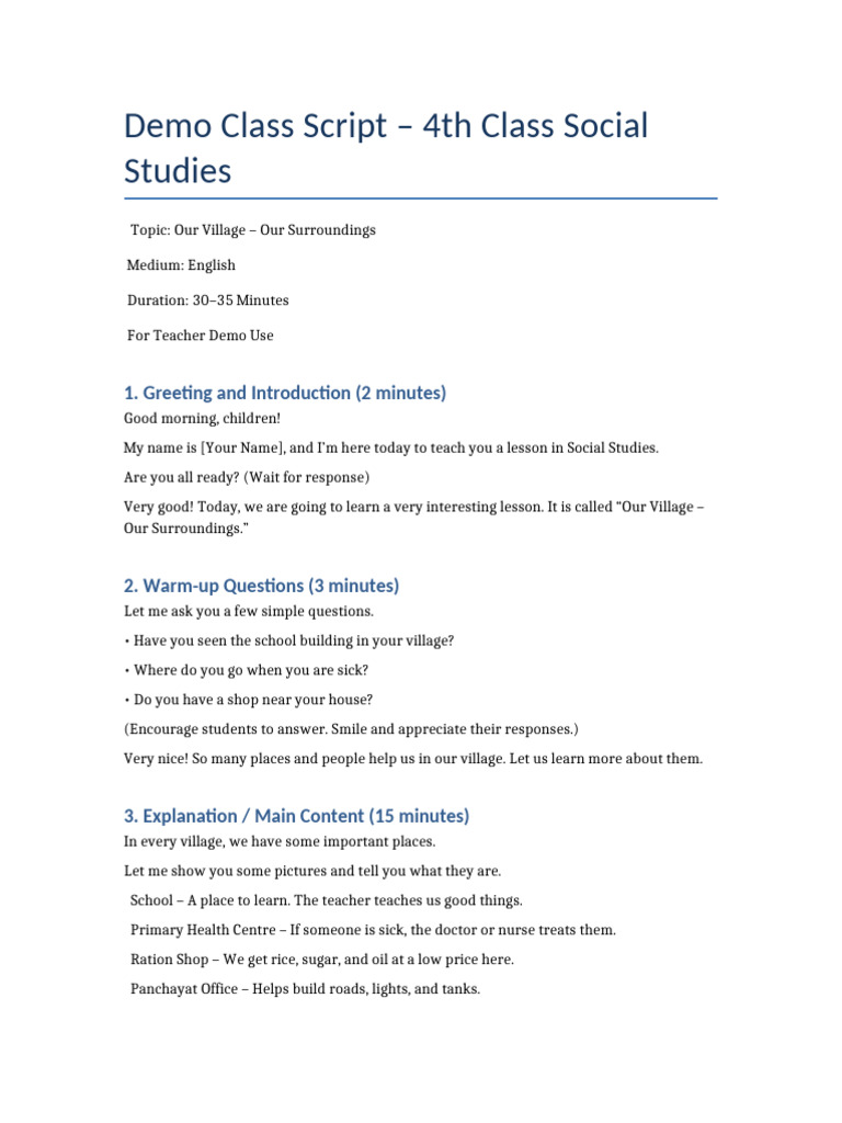 Demo Class Script 4th Social | PDF