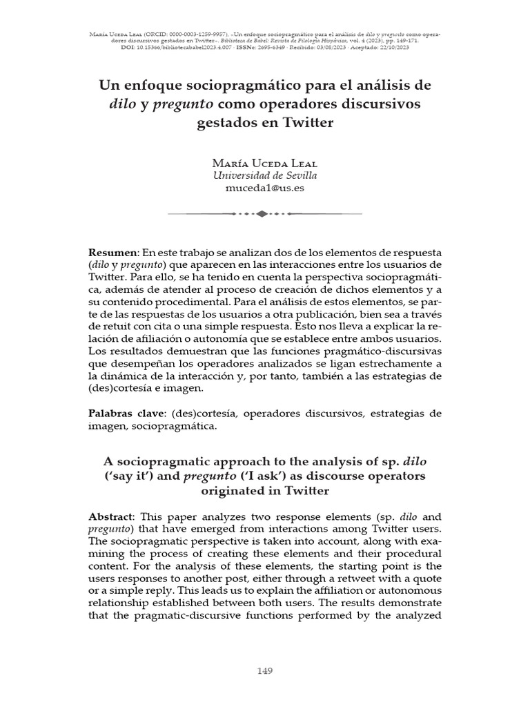 Dilo Pregunto: Un Enfoque Sociopragmático para El Análisis de y Como Operadores Discursivos ...