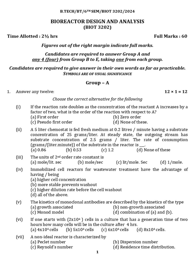 Bioreactor Design and Analysis-Biot 3202-2024 | PDF | Chemical ...