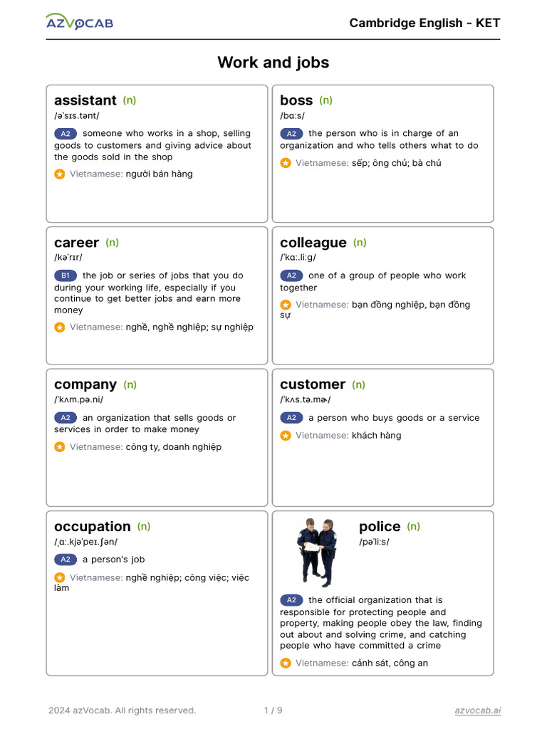 Work and Jobs (Cambridge English - KET) | PDF