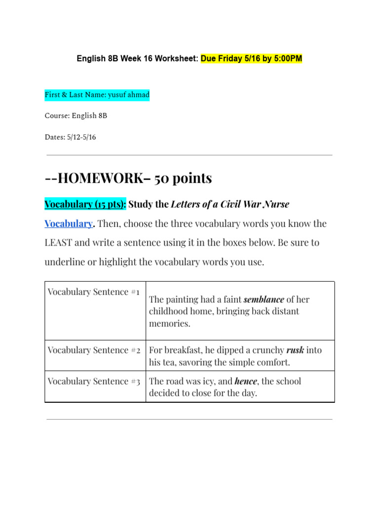 English 8B Week 16 Homework Guide | PDF
