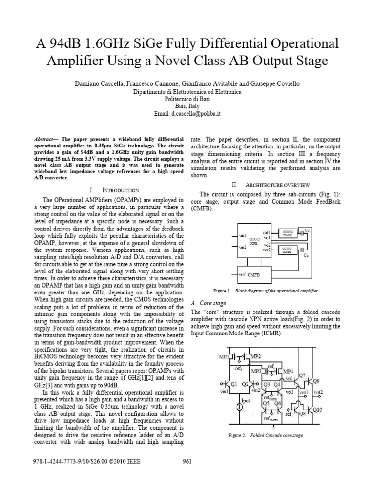 A 94dB 1.6GHz SiGe Fully Differential Operational Amplifier Using A Novel Class AB Output Stage ...
