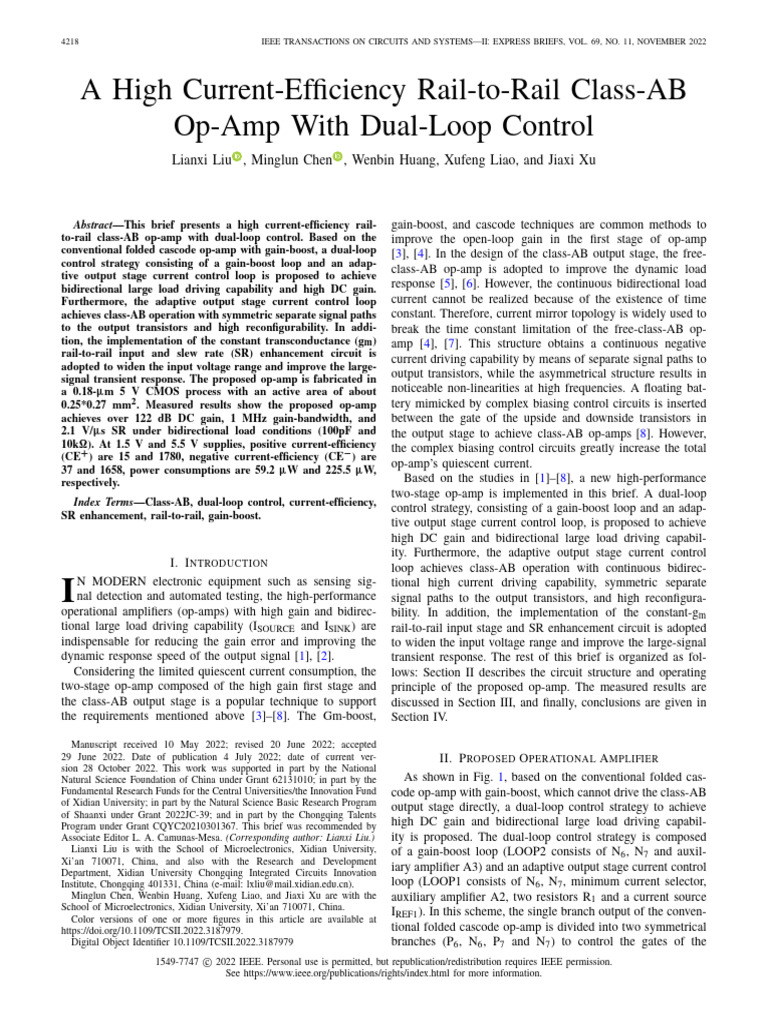 A High Current-Efficiency Rail-To-Rail Class-AB Op-Amp With Dual-Loop Control | PDF ...