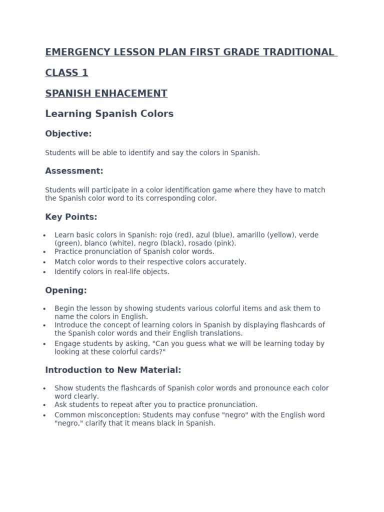 First Grade Spanish Color Lesson Plan | PDF | Spanish Language ...