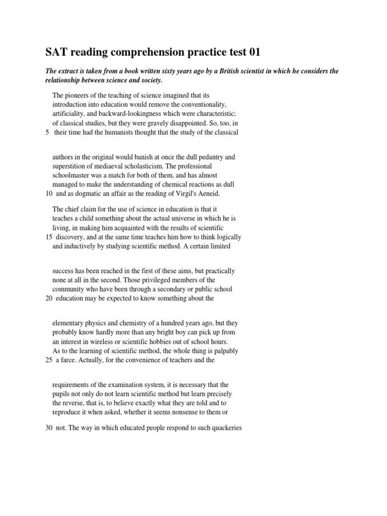 SAT Reading Comprehension Practice Test 01 | PDF | Scientific Method ...