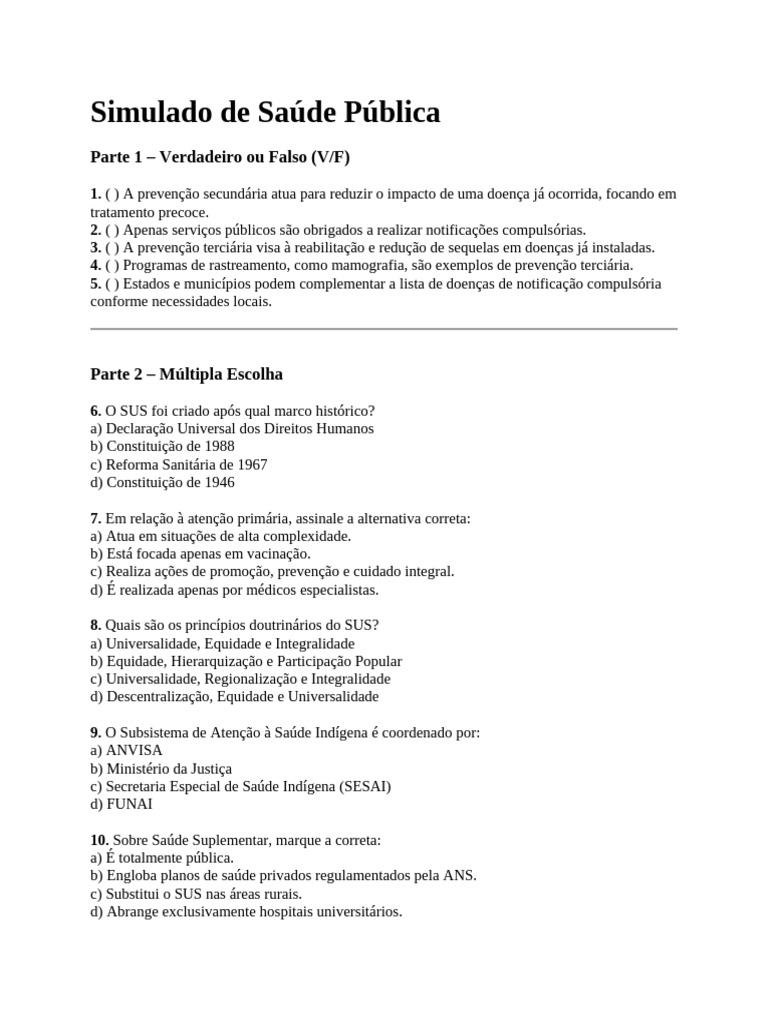 Simulado - p1 Saúde Publica | PDF