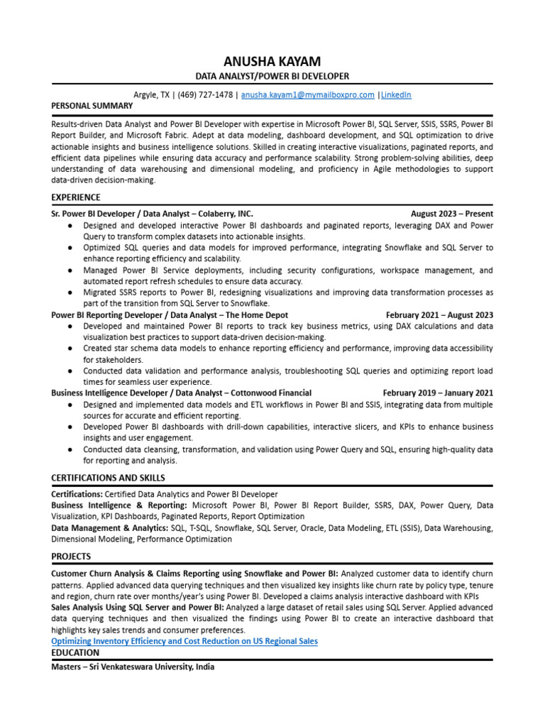 Anusha Kayam Kayam - Resume | PDF | Business Intelligence | Microsoft Sql Server