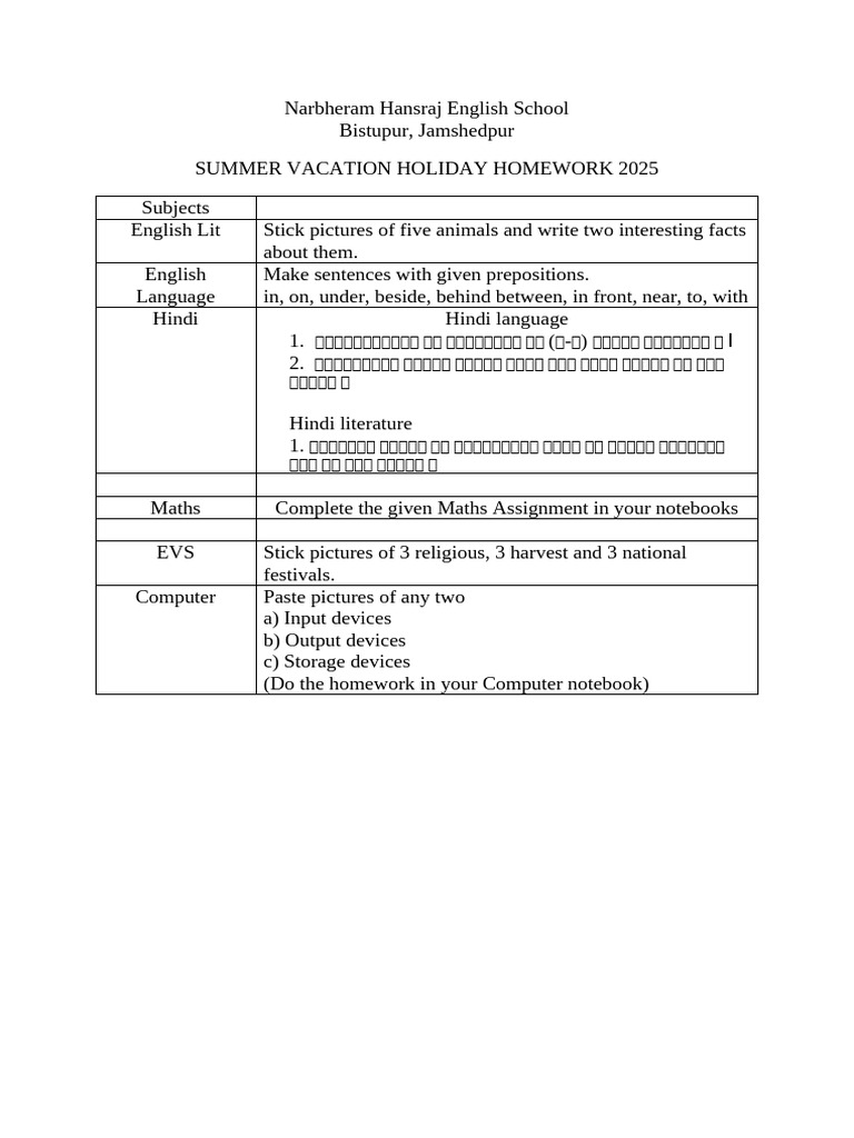 Holiday Homework - STD 2 | PDF