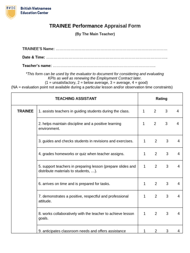 (BVEC) TRAINEE Performance Appraisal Form | PDF | Teachers | Performance Appraisal