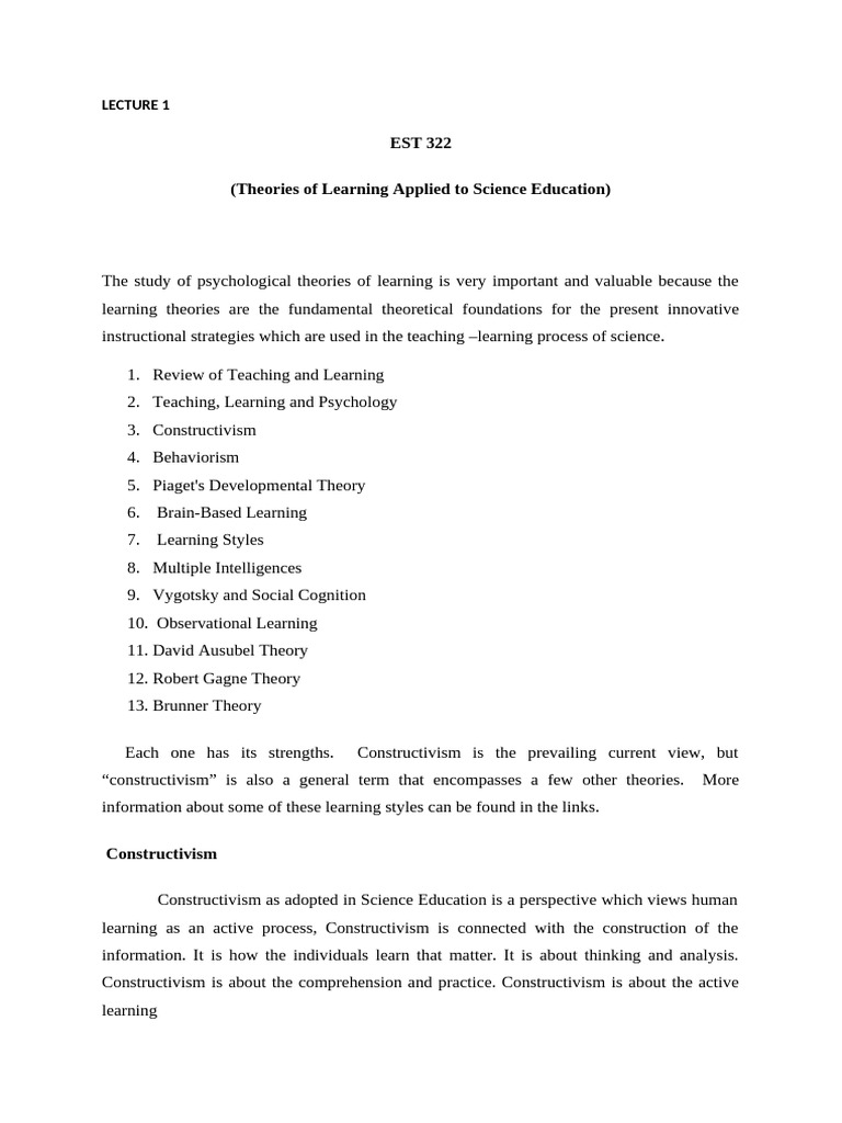 LECTURE 1 of EST 322 THEORIES OF LEARNING Applied To Science Edu | PDF ...