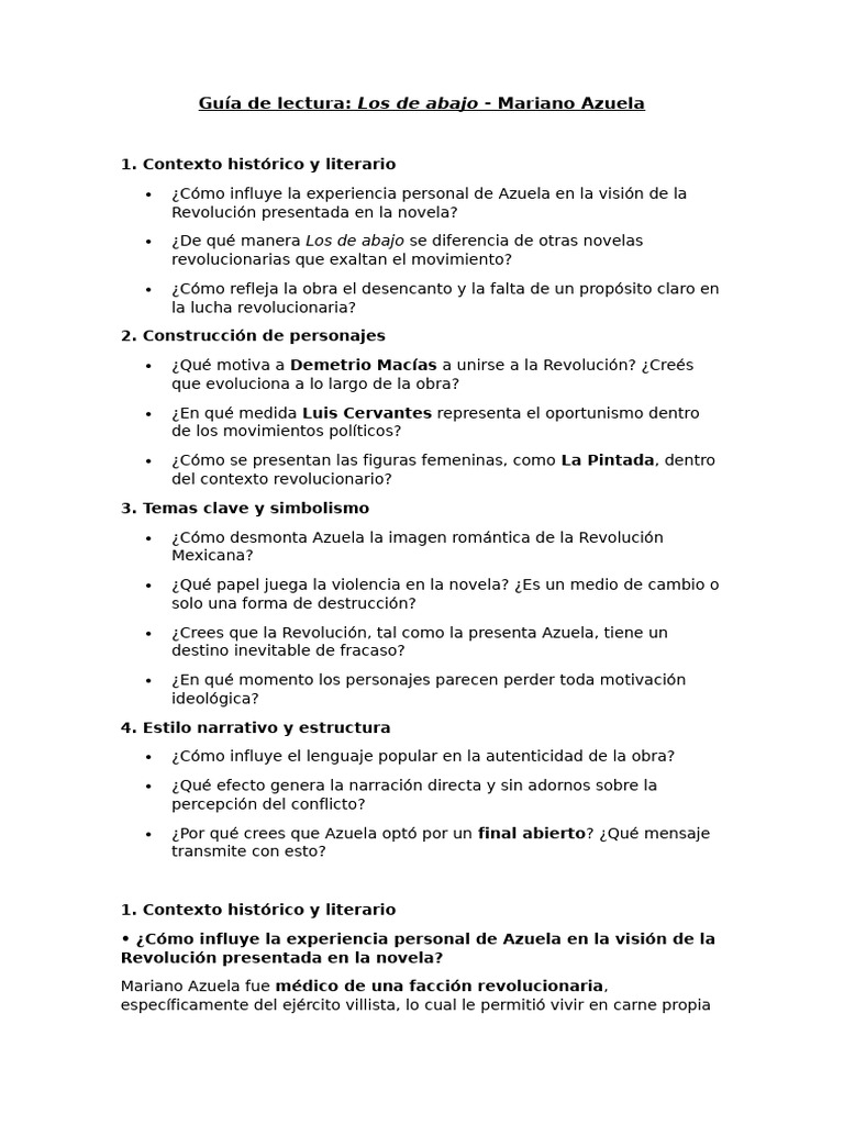 Guía de Lectura para Los de Abajo de Mariano Azuela | PDF | Novelas | Narración