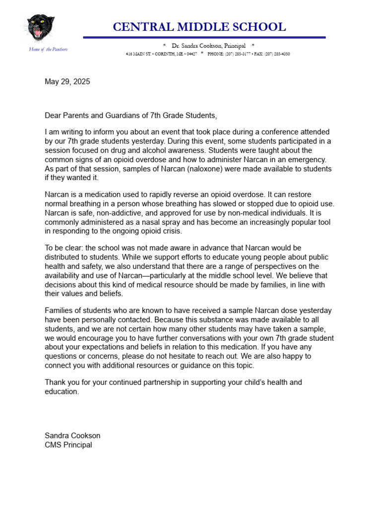 Central Middle School Principal Letter On Narcan Given To Students | PDF