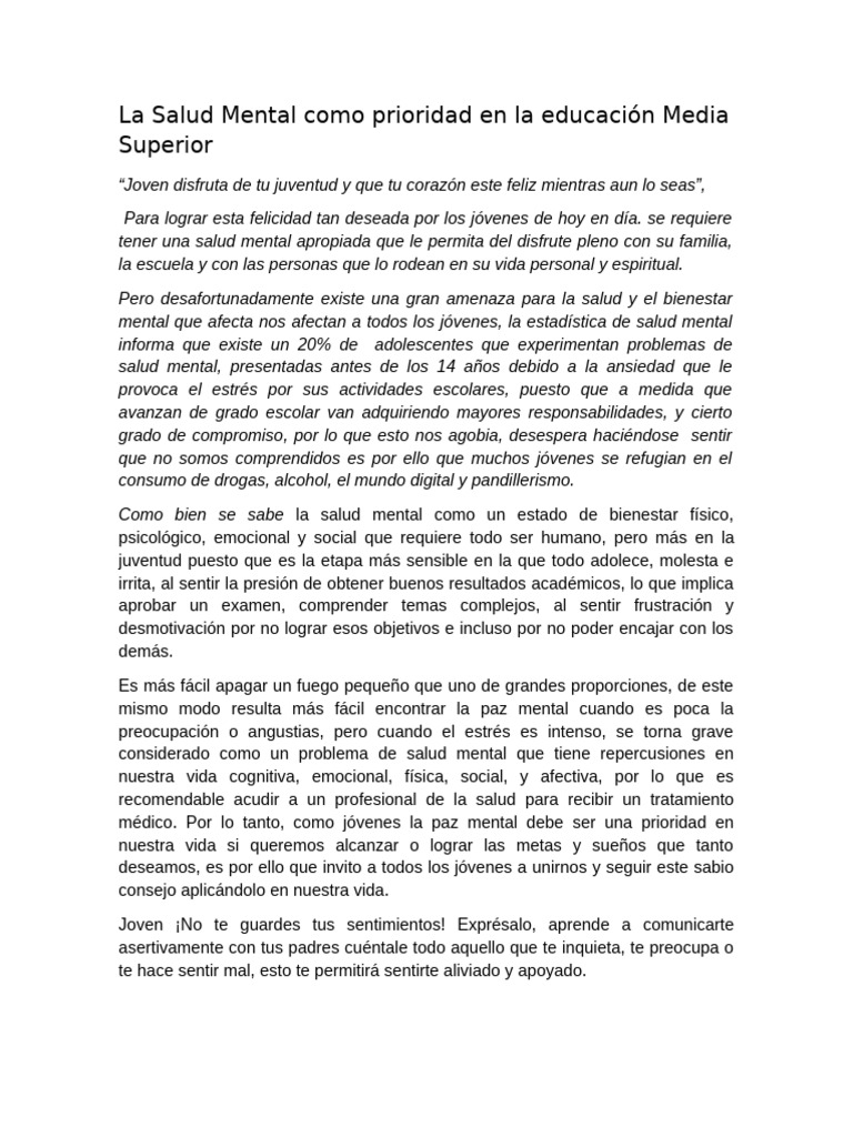 Salud Mental en Jóvenes: Prioridad Educativa | PDF | Salud mental | Mente
