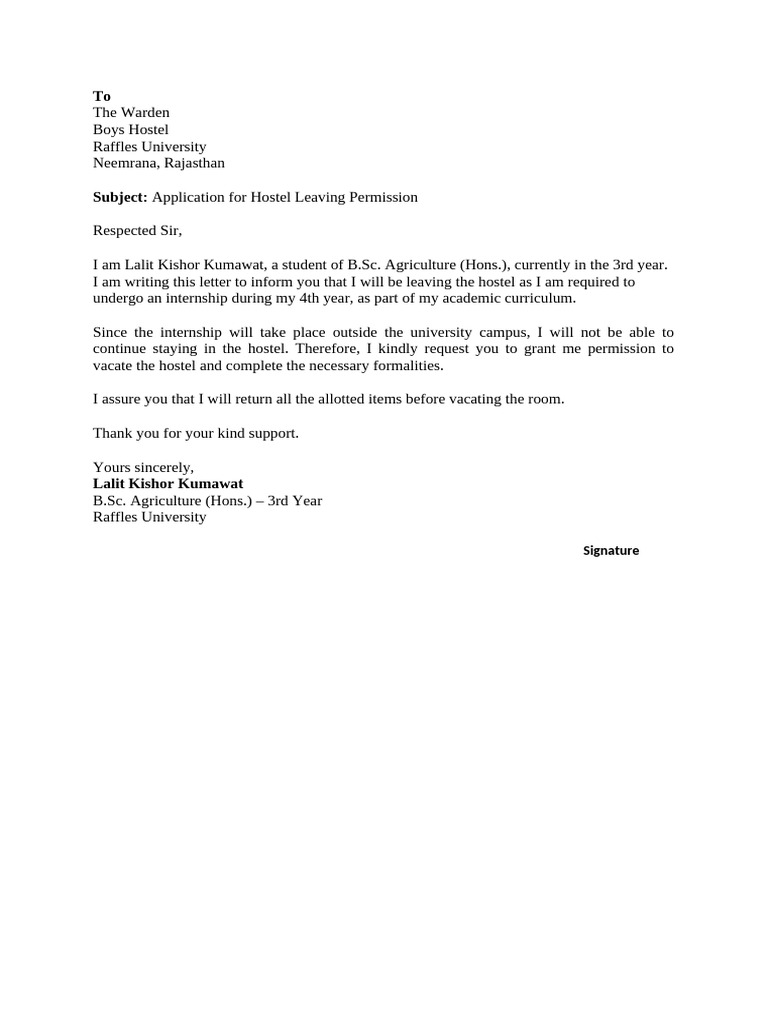 Hostel Leaving Permission Application | PDF