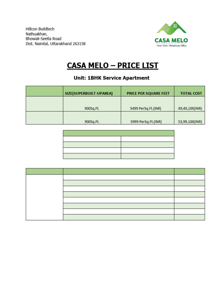 Casa Melo Price List (W.e.f. 01 January 2025) | PDF | Payments | Business