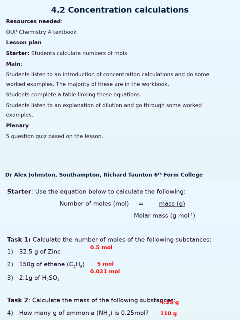 4.2 Calculation Concentrations | PDF | Concentration | Mole (Unit)