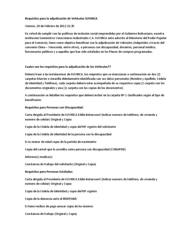 Requisitos para La Adjudicación de Vehículos SUVINCA | PDF | Bancos ...