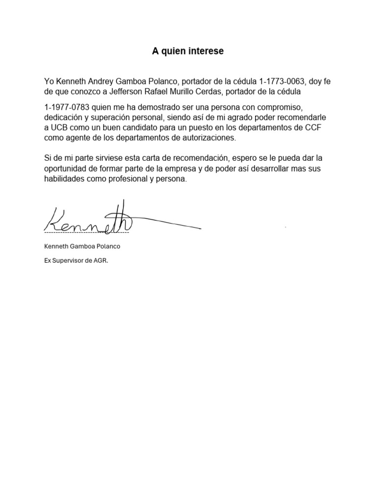 Carta de recomendación para Jefferson Murillo | PDF