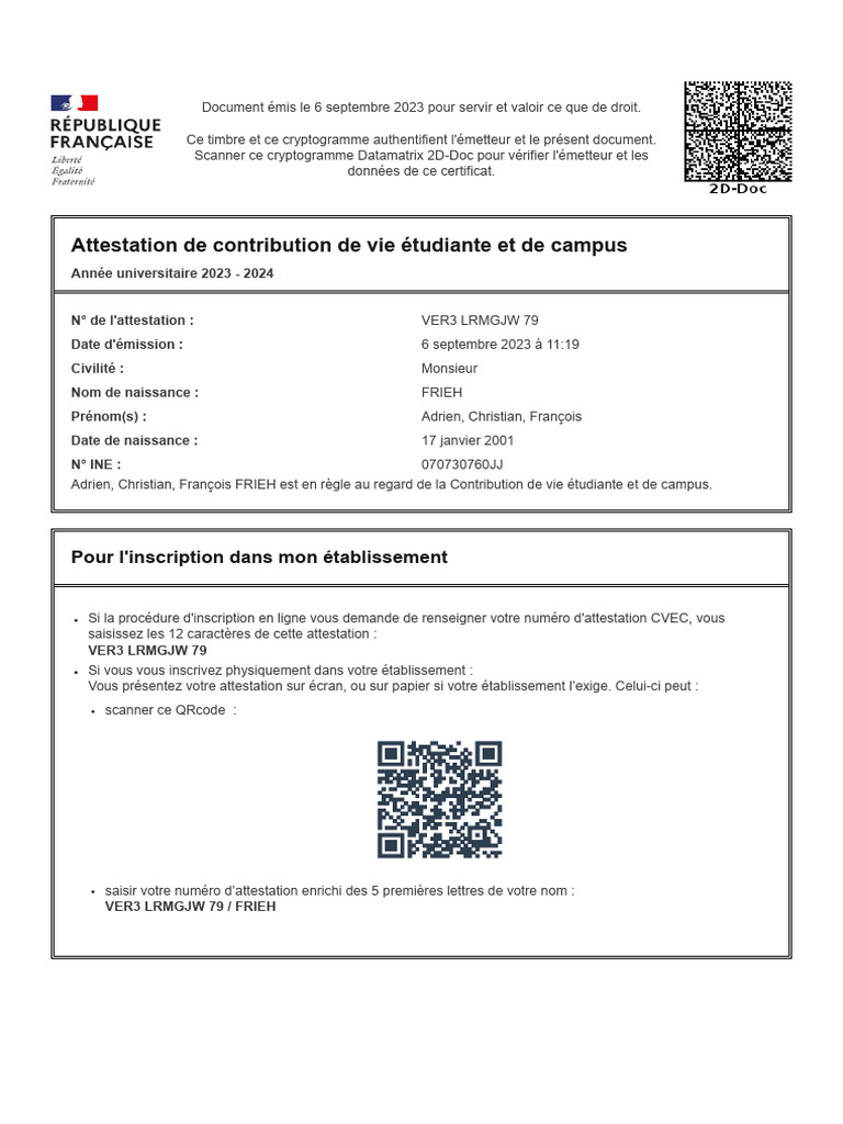 Attestation CVEC 2023-2024 pour FRIEH | PDF