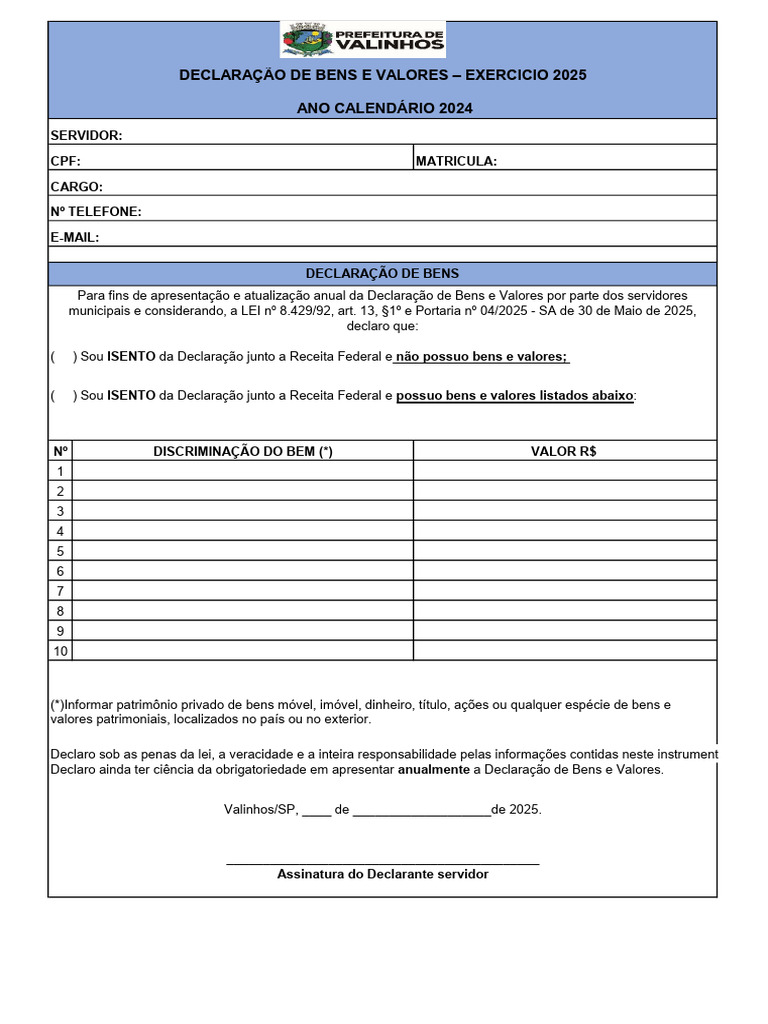 Modelo declaraCAo de Bens | PDF
