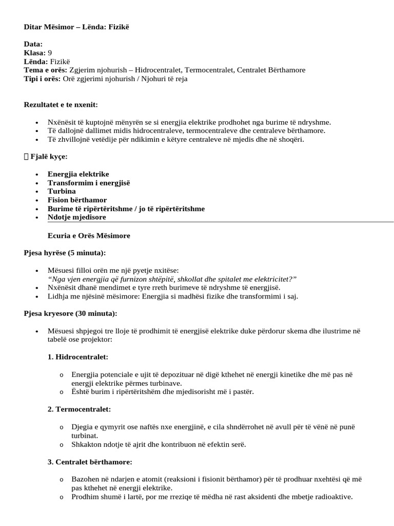 Ditar Mësimor Tema 69 Fiz 9 | PDF