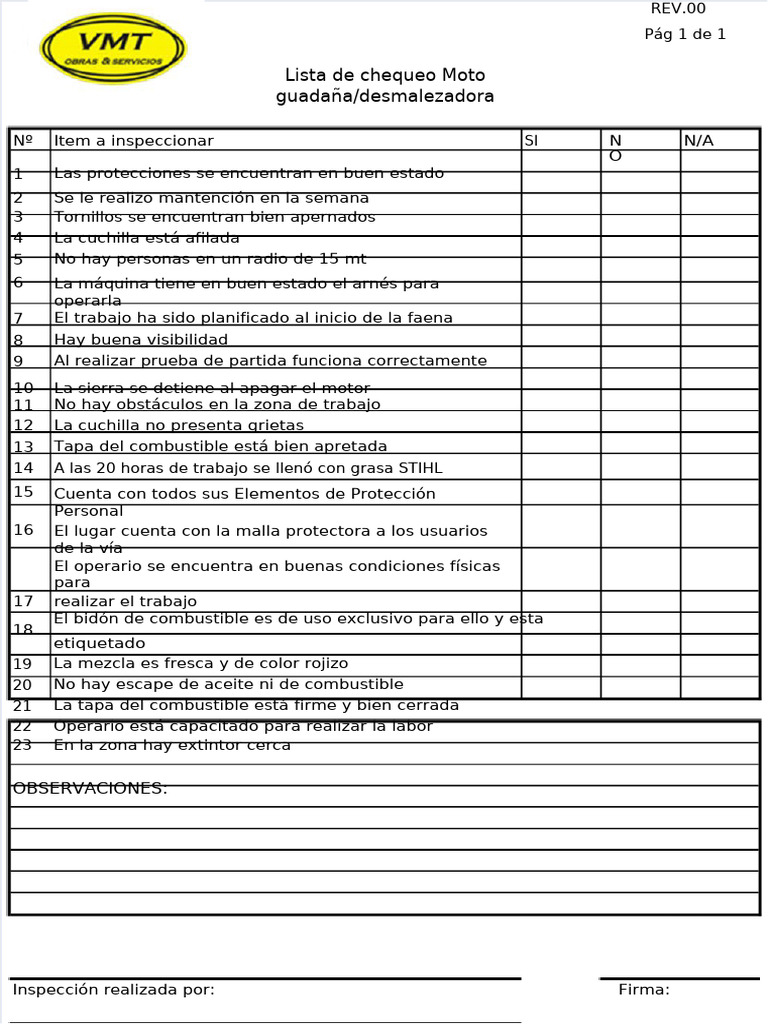 Lista de Chequeo para Desmalezadora | PDF