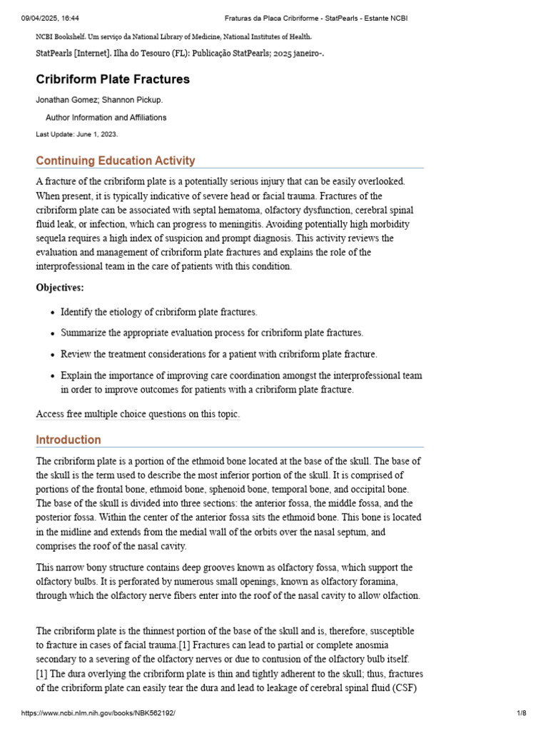 Fraturas Da Placa Cribriforme - StatPearls - Estante NCBI | PDF ...