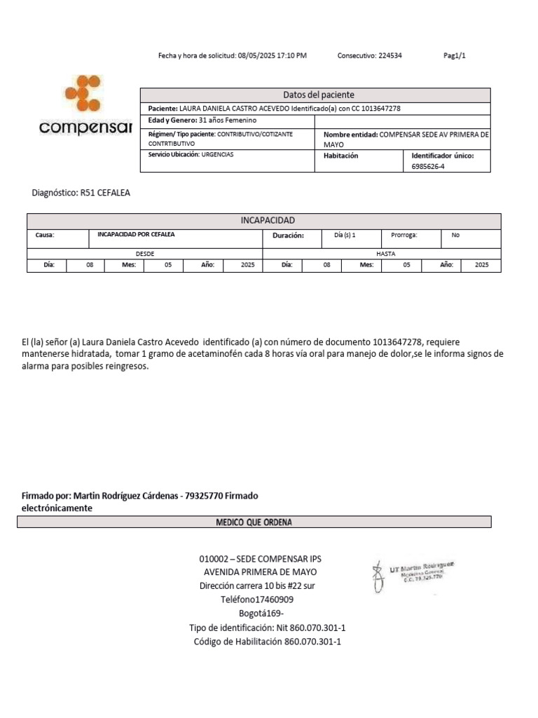 Incapacidad Compensar Laura Daniela | PDF