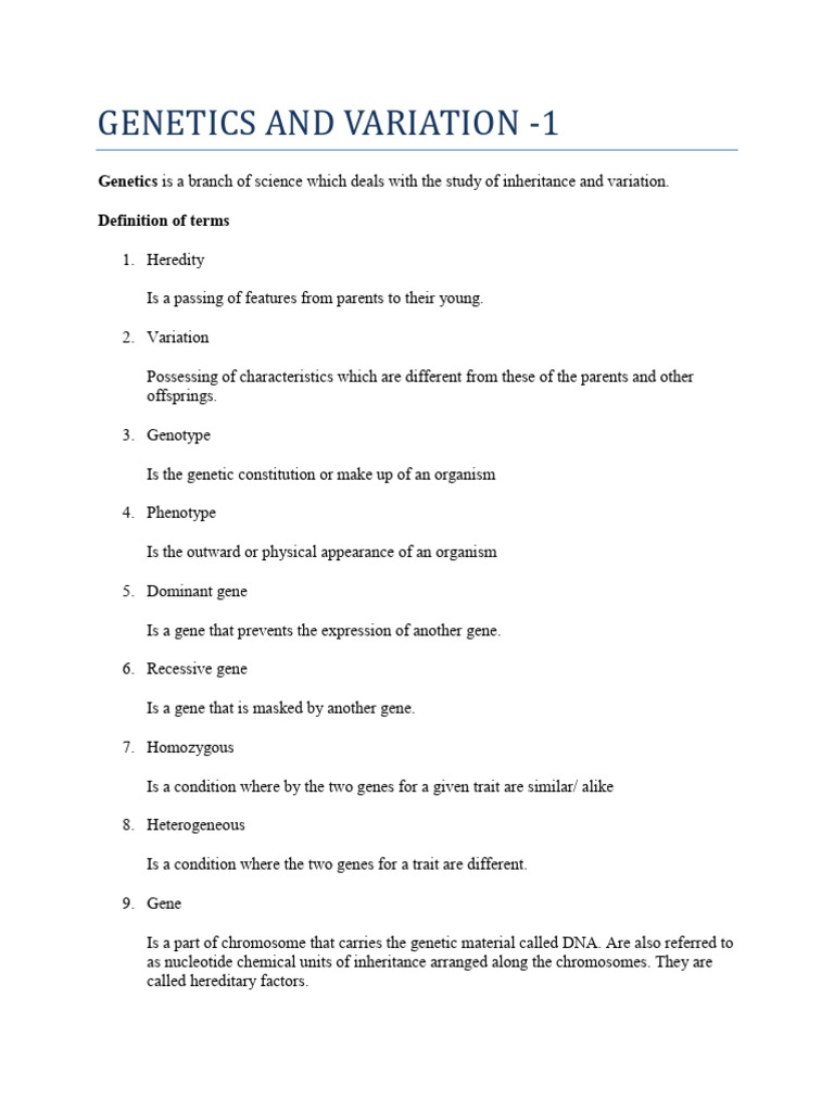 2.1.Genetics & Variation 1. 1 | PDF | Dominance (Genetics) | Nucleic Acids