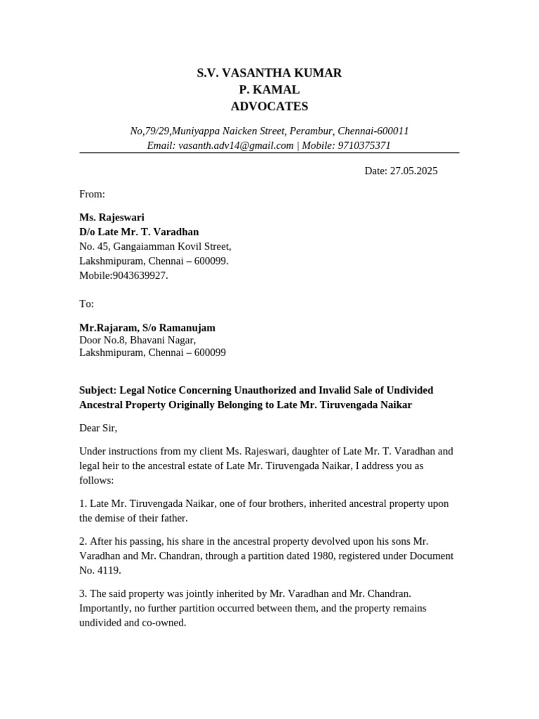 Legal Notice: Invalid Sale of Ancestral Property | PDF | Property Law ...