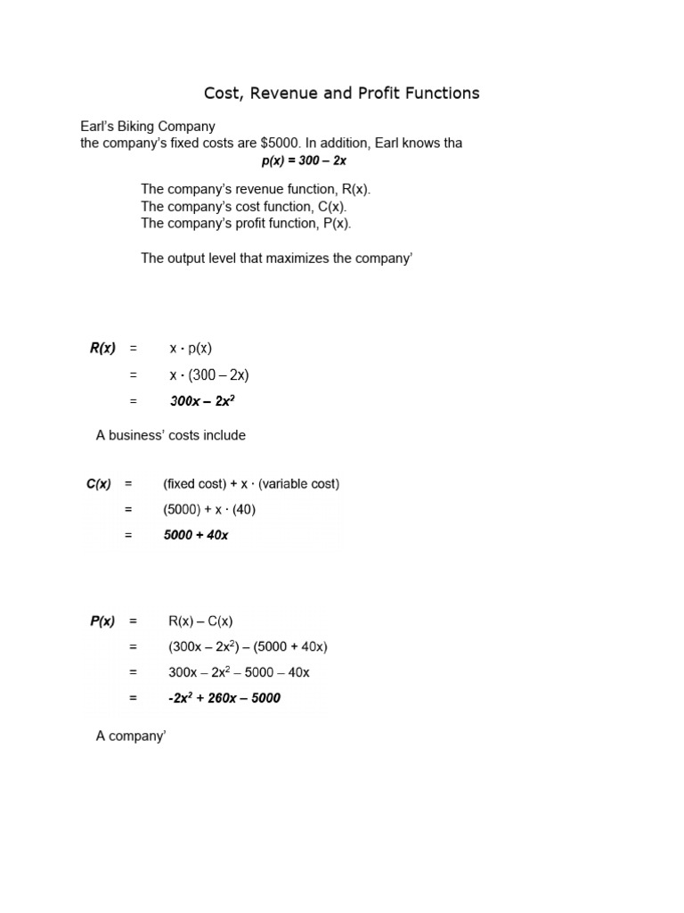 Cost Revenue and Profit Functions | PDF | Profit (Economics) | Function ...
