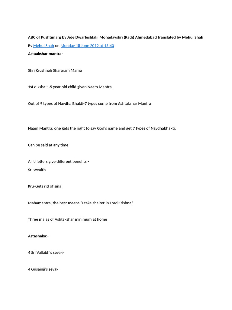 ABC of Pushtimarg by JeJe Dwarleshlalji Mohadayshri | PDF | Vaishnavism | Bhakti