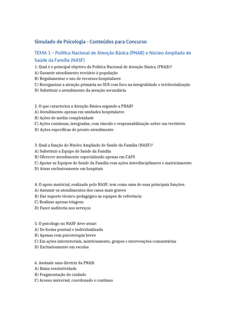 Simulado de Psicologia: PNAB e NASF | PDF | Hospital | Psicologia