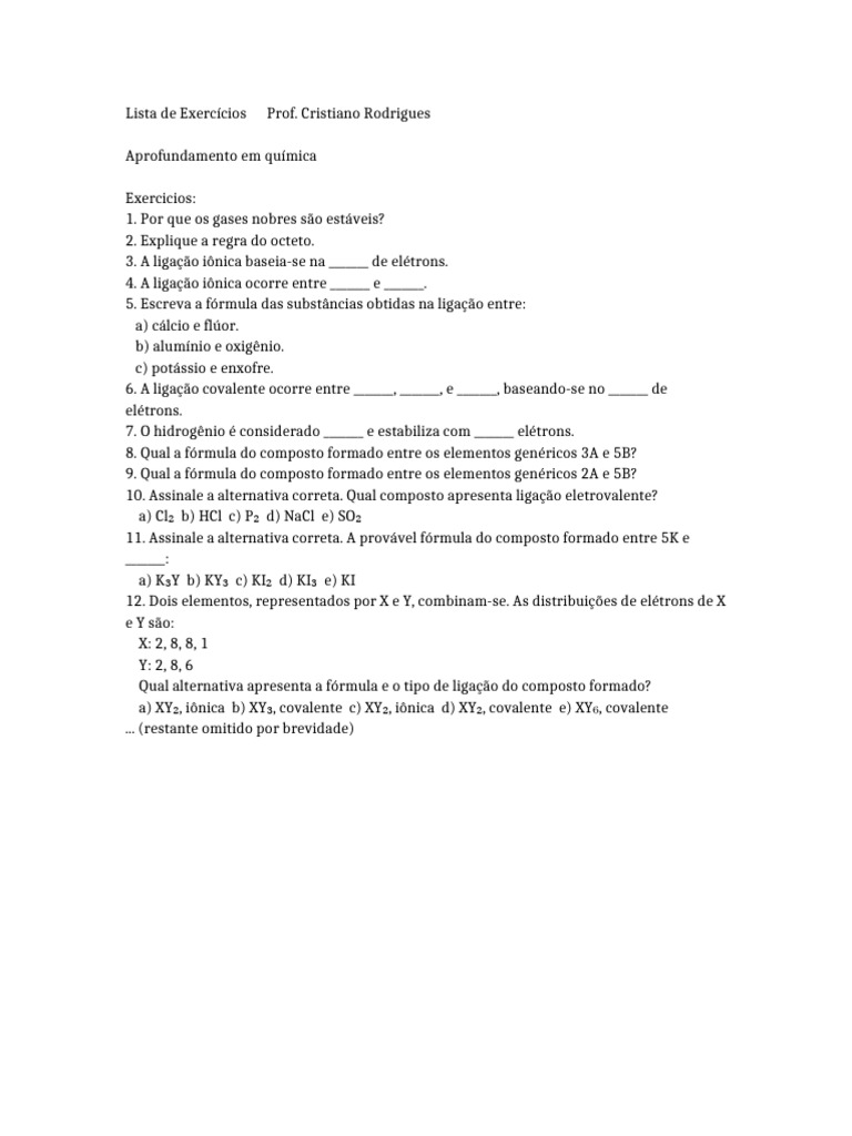 Lista Exercicios Quimica | PDF