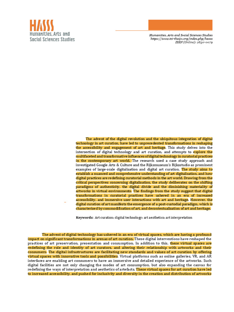 Art Curation in Virtual Spaces The Influence of Di | PDF | Curator | Museum