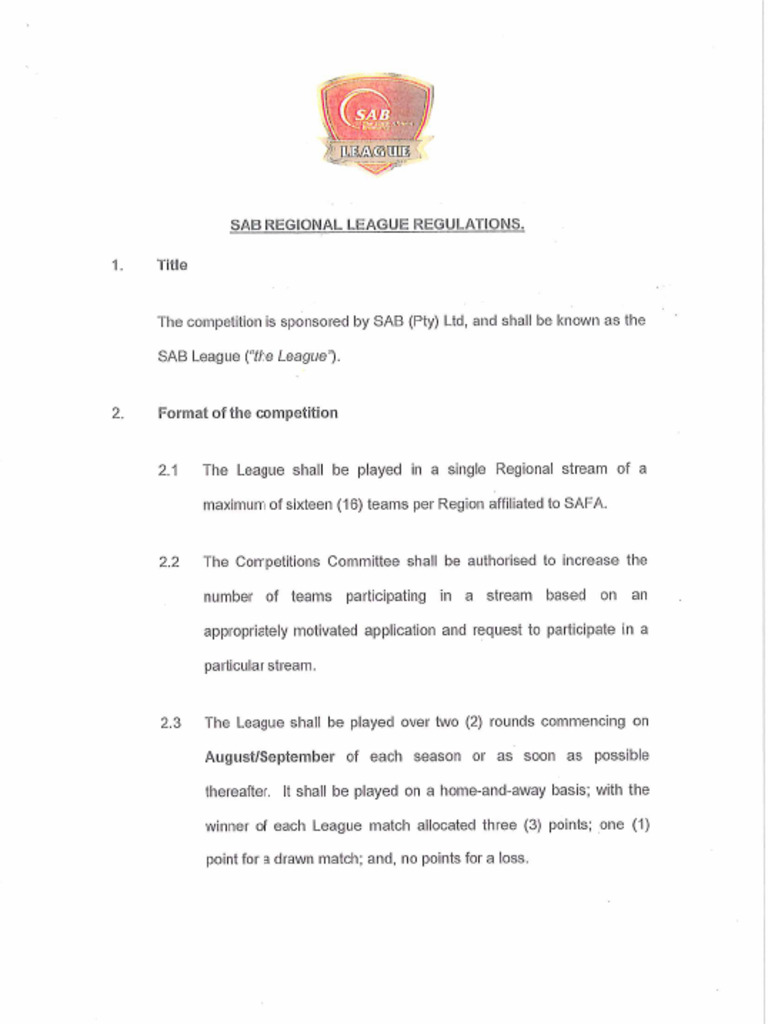 SAB Regional League Regulations | PDF