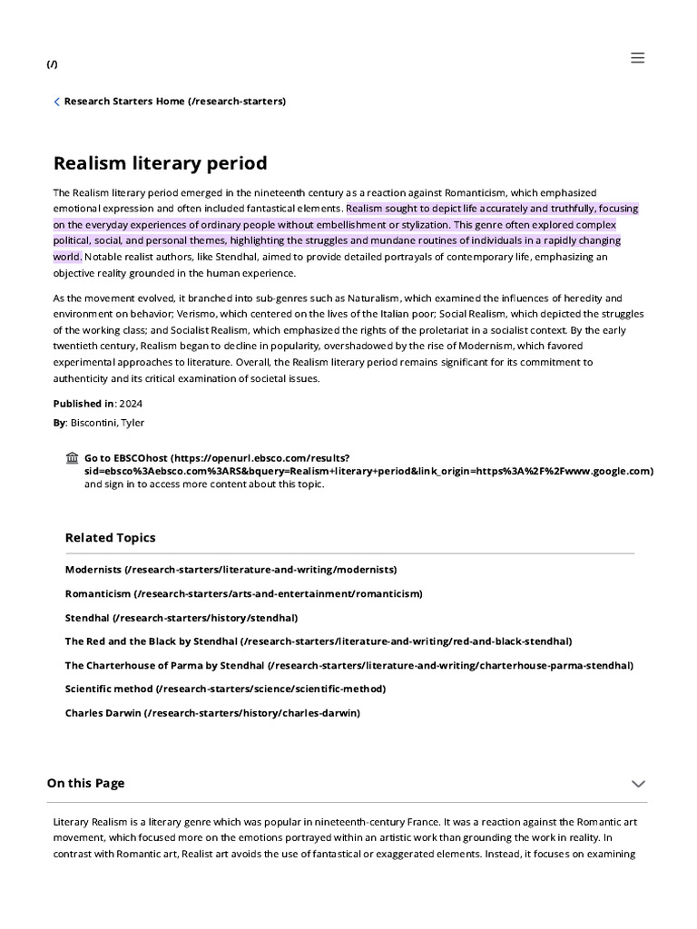 Realism Literary Period - EBSCO Research Starters | PDF | Realism (Arts) | Romanticism