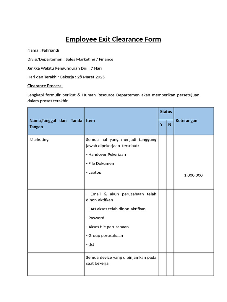 Employee Exit Clearance Form | PDF