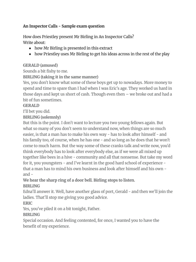 An Inspector Calls - Sample Exam Questions | PDF