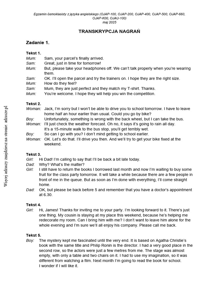 Jezyk Angielski 2025 Egzamin Osmoklasisty Transkrypcja | PDF