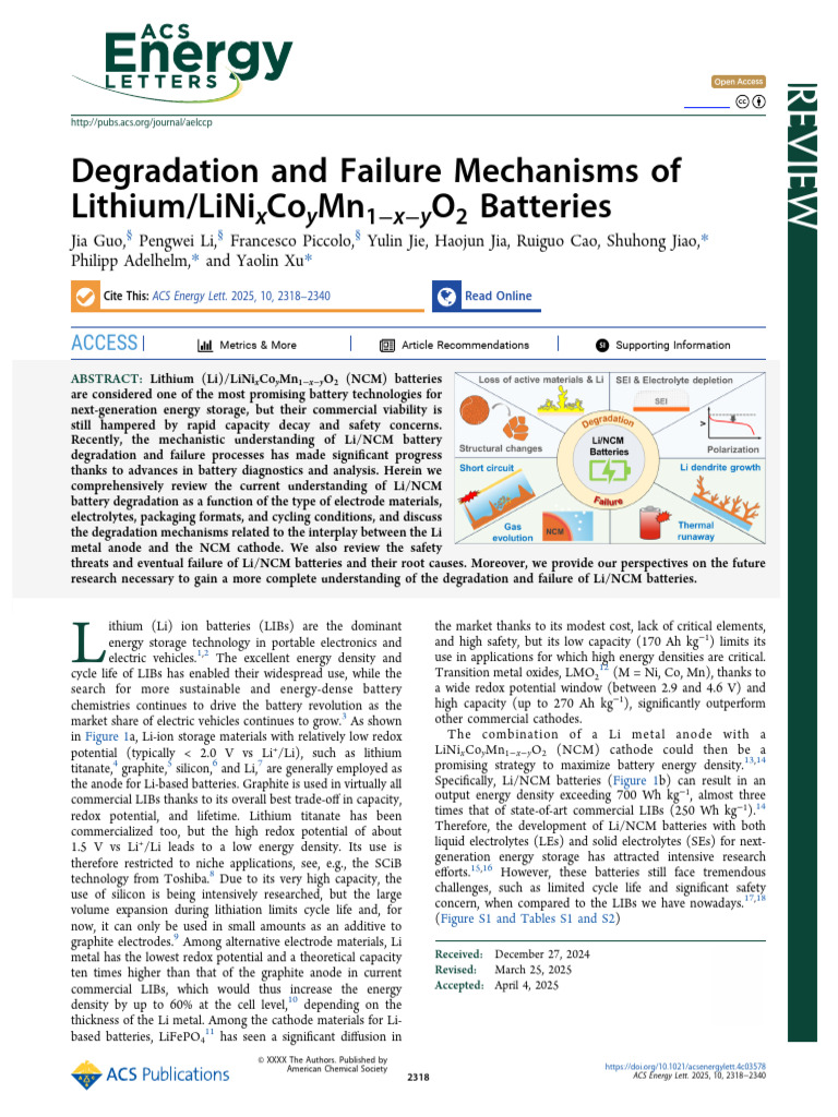Guo Et Al 2025 Degradation and Failure Mechanisms of Lithium Linixcoymn1 X Yo2 Batteries | PDF ...