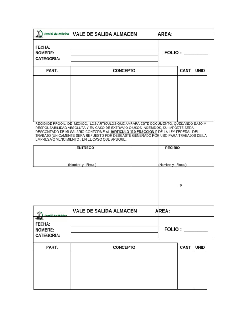 Vale de Salida Almacen Paro 2025 | PDF