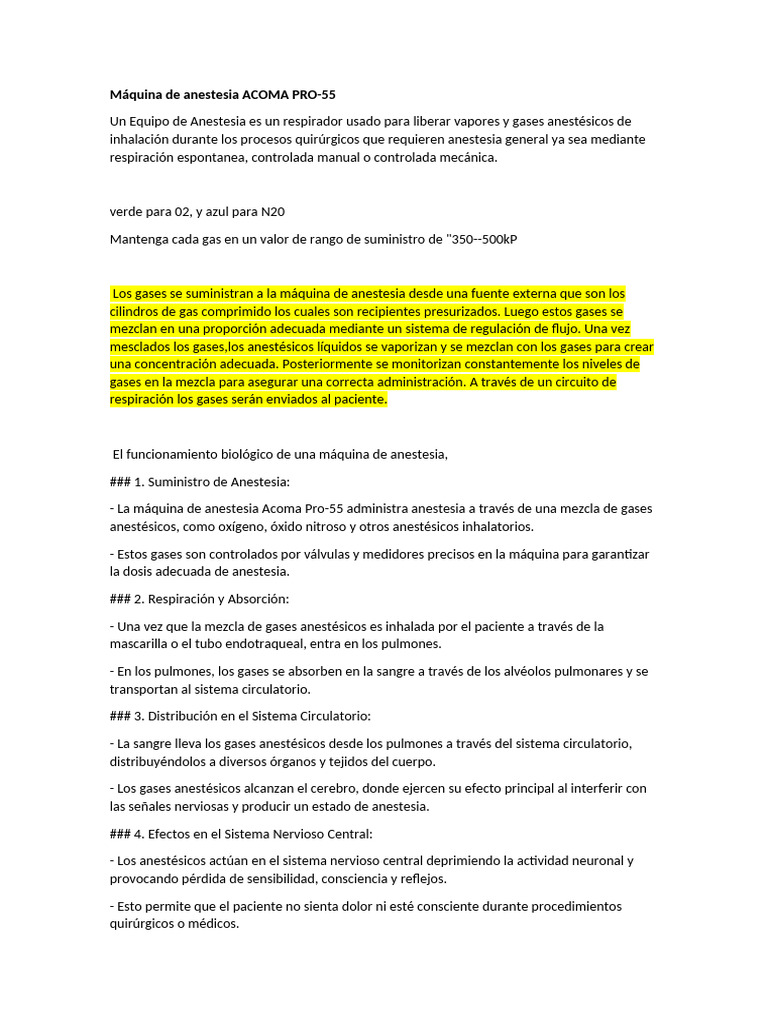 Partes de la Máquina de Anestesia ACOMA PRO-55 | PDF | Anestesia ...