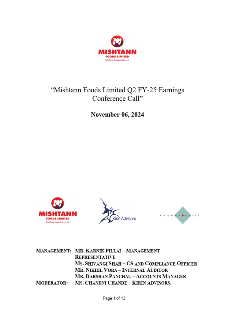 Mishtann Foods Limited - Q2 FY25 Concall Transcript | PDF | Taxes | Tax ...