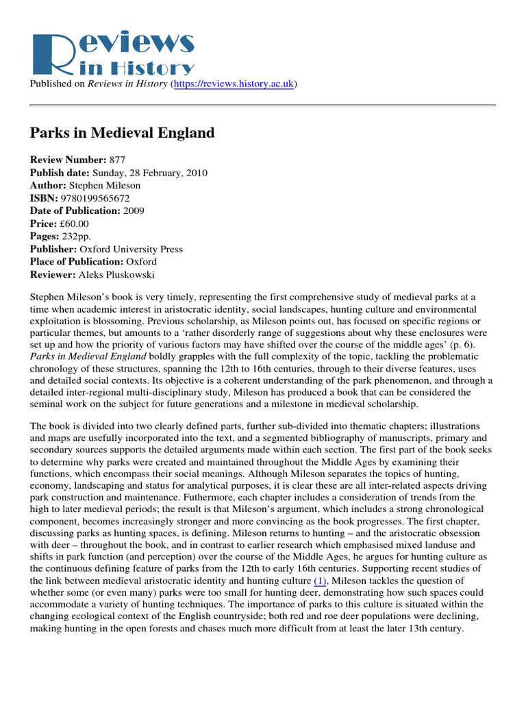 Medieval Parks in England Explored | PDF | Hunting | Middle Ages